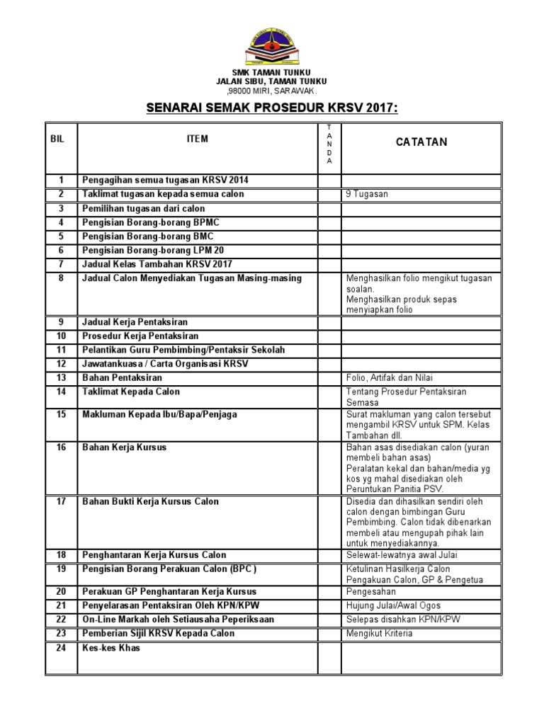 Senarai Semak KRSV | PDF