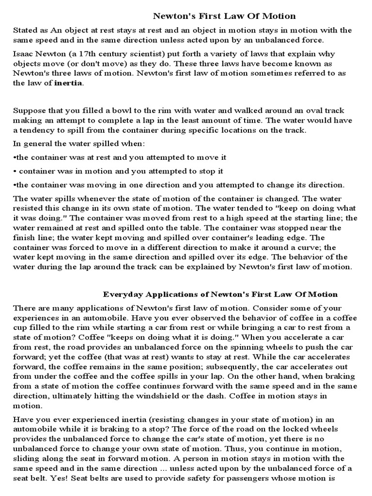 Newton's First Law Explained | PDF | Force | Inertia