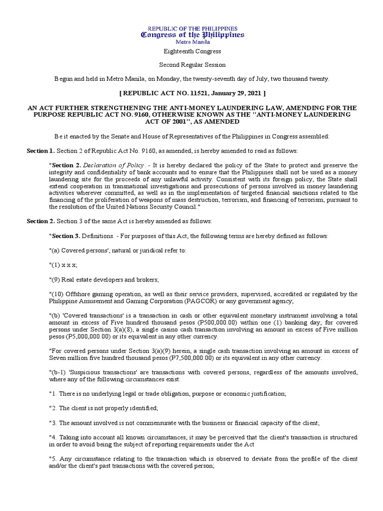 AMENDMENT- 9160 REPUBLIC ACT No 11521 | PDF | Injunction | Money Laundering