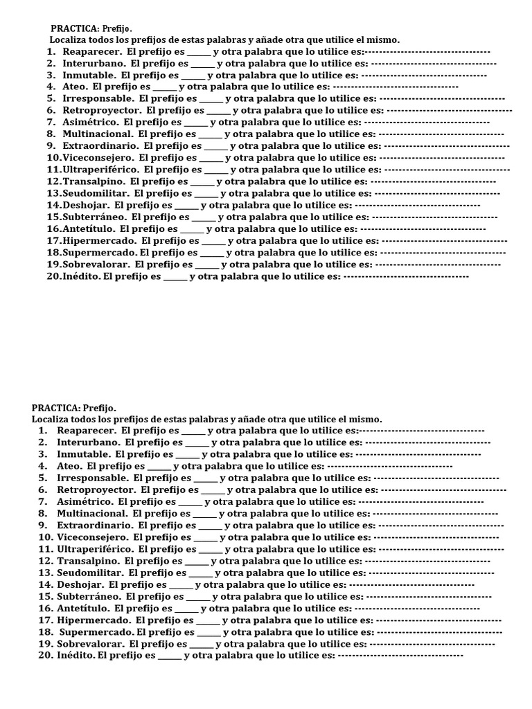 Prefijo - Practica | PDF | Gramática | Morfología Lingüística