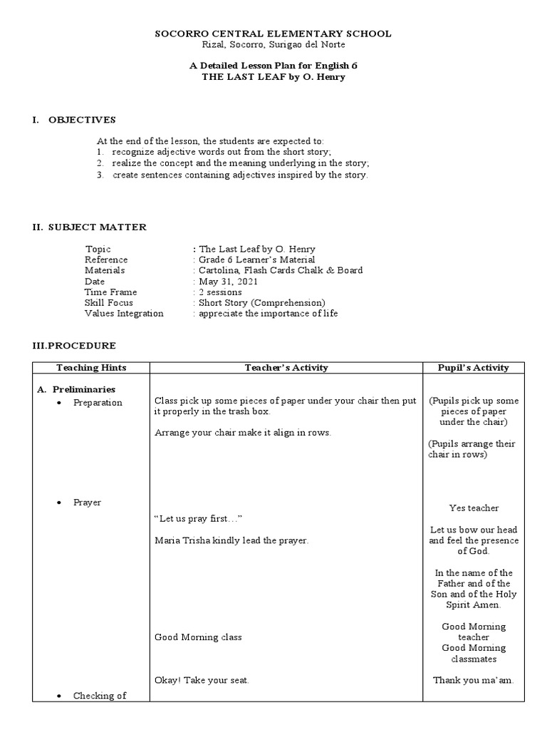Adjective Lesson Plan: The Last Leaf | PDF | Noun | Adjective