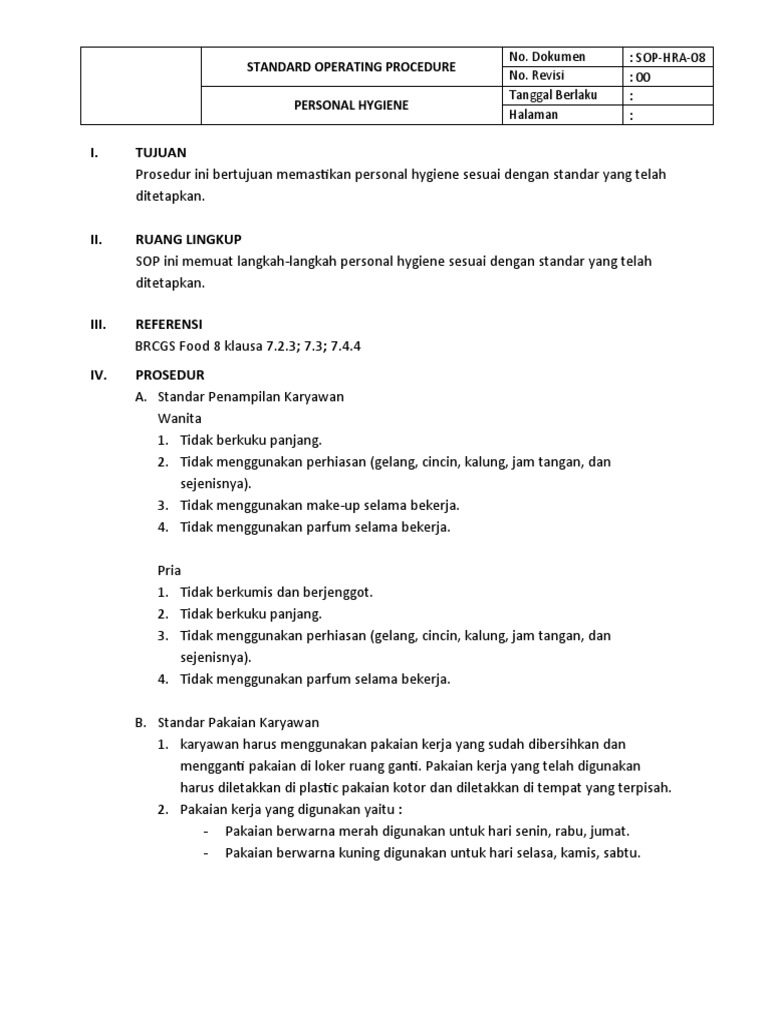 SOP-HRA-08 Personal Hygiene | PDF