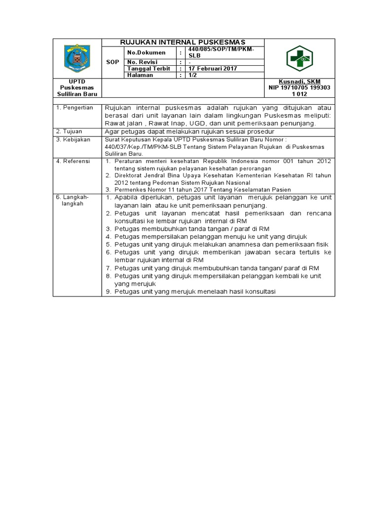7.5.1.1. Sop Rujukan Internal Puskesmas | PDF