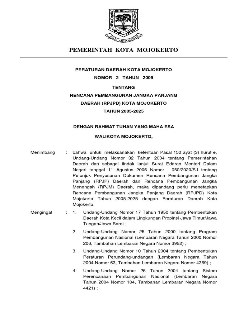 PERDA 2 TAHUN 2009 Tentang RPJPD Kota Mojokerto | PDF