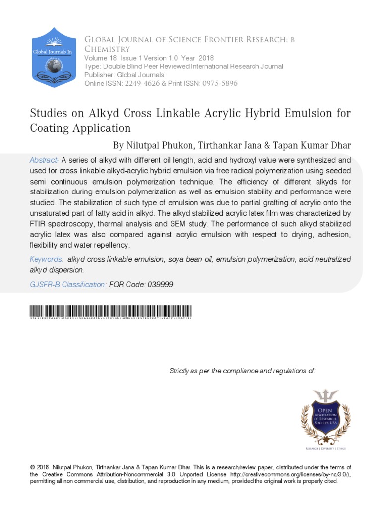 Studies On Alkyd Cross Linkable Acrylic Hybrid Emulsion For Coating ...