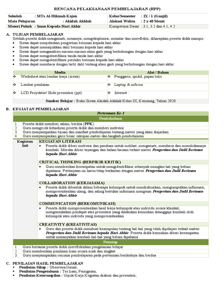 RPP I Akidah Akhlak IX SEM 1 | PDF
