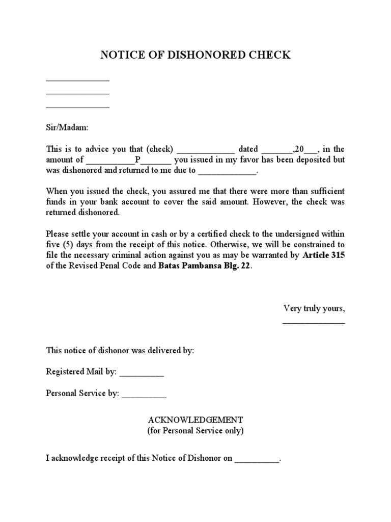Notice of Dishonored Checks | PDF