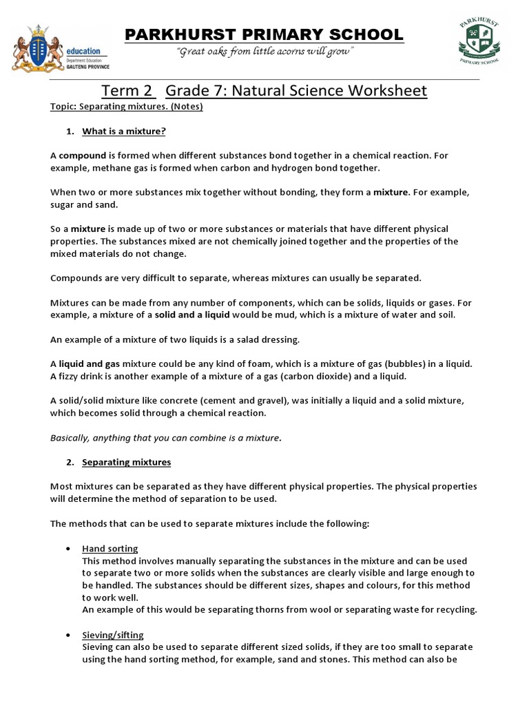 Grade 7 Natural Science: Mixtures & Separation | PDF