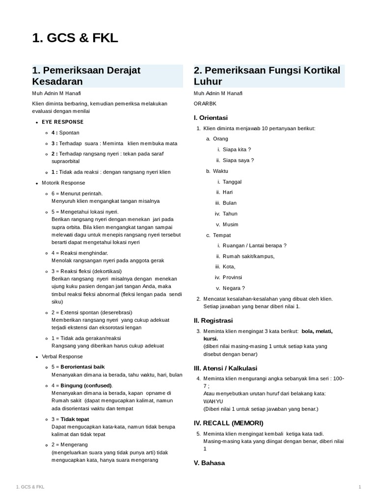 Gcs & FKL: 1. Pemeriksaan Derajat Kesadaran 2. Pemeriksaan Fungsi ...