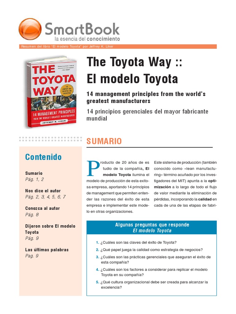 Resumen del libro "El modelo Toyota" | PDF | Lean Manufacturing | Business