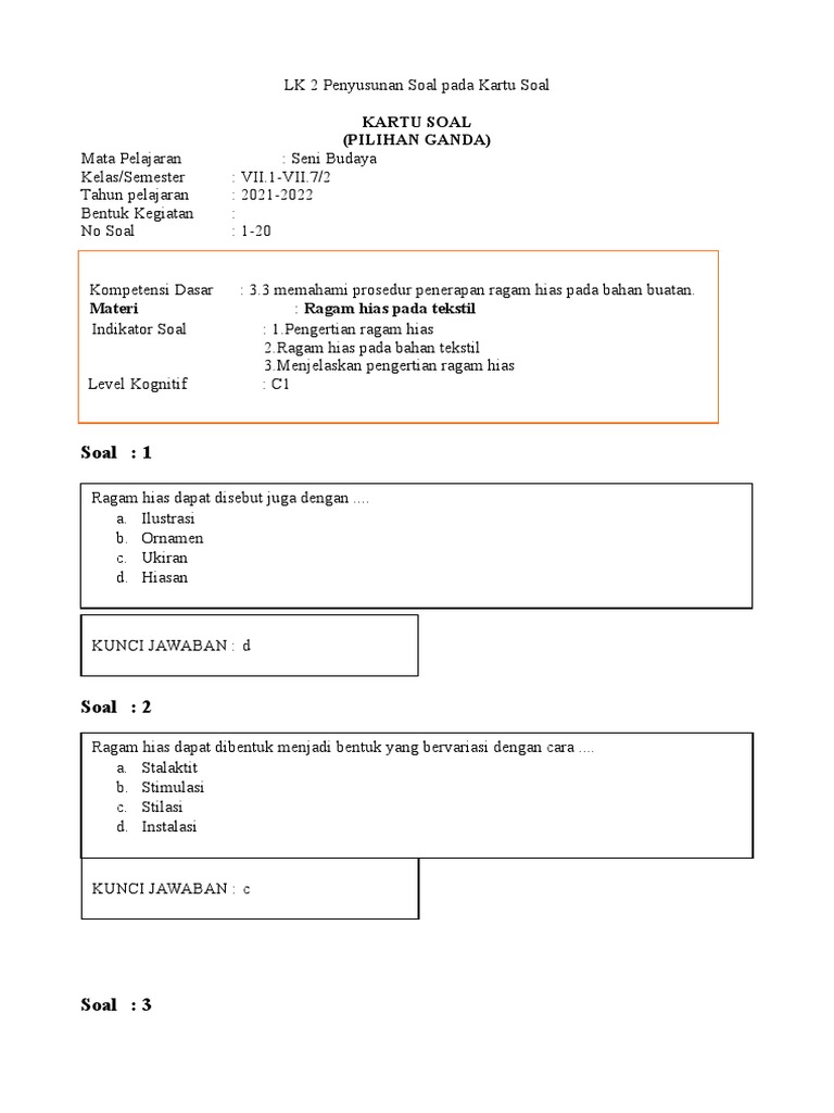 Kartu Soal PTS SBK 7 | PDF