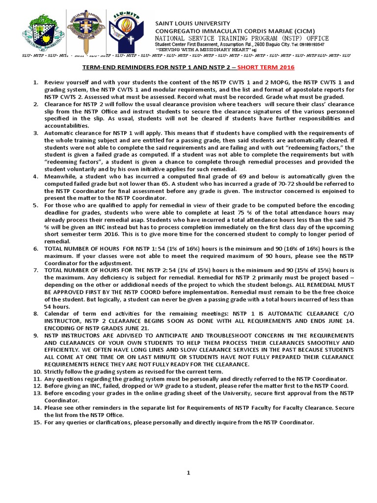 TERM END LIST OF REQUIREMENTS FOR NSTP 2 SHORT TERM 2016.docx-2and3only | PDF | Teachers ...