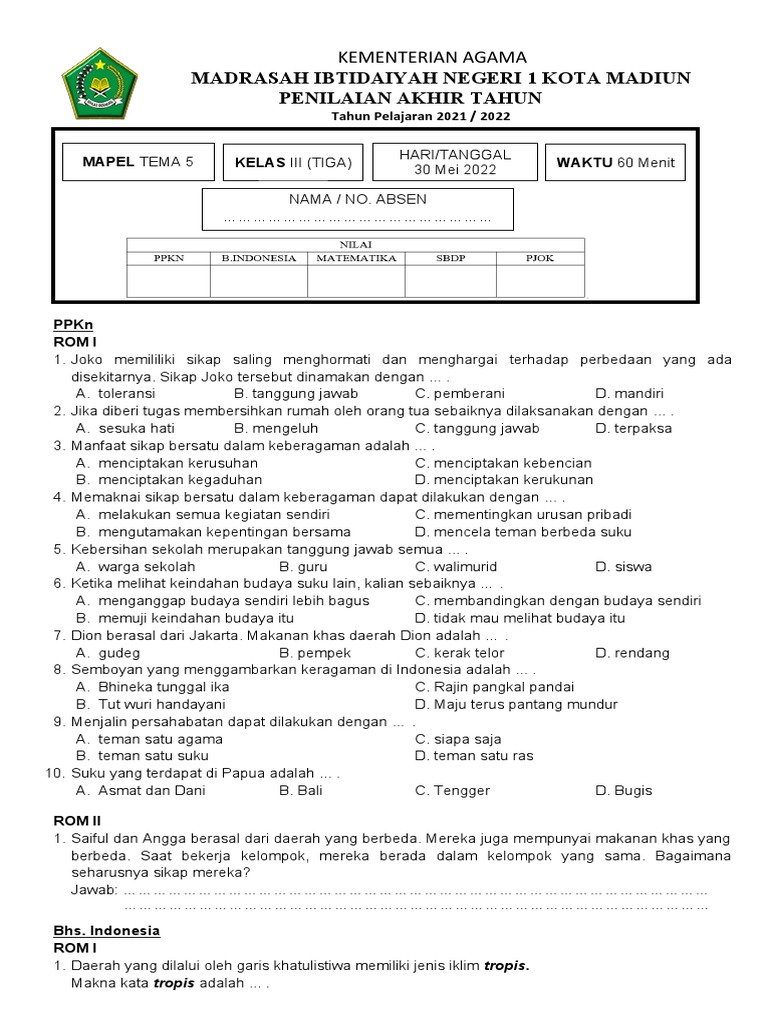 Soal PAT Tema 5 - Kelas 3 | PDF