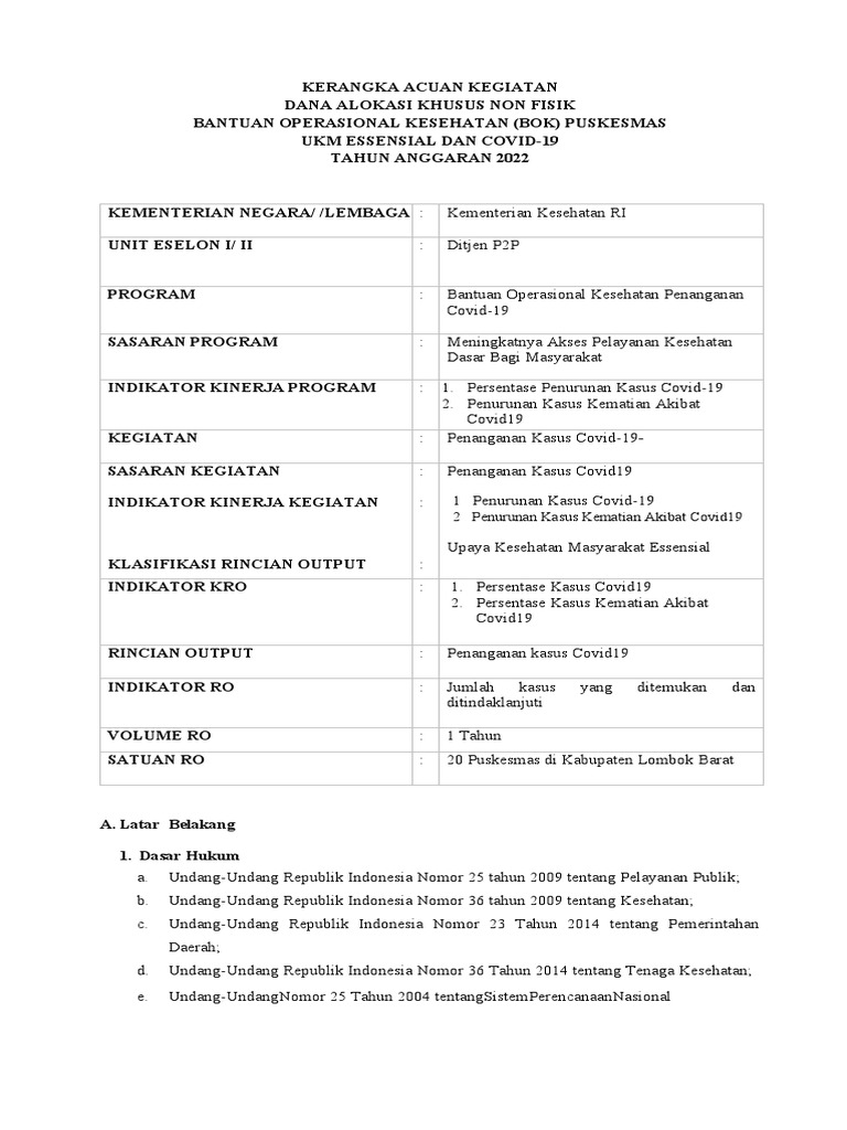 TOR BOK Puskesmas Penanganan Covid19 | PDF | Pengembangan Diri