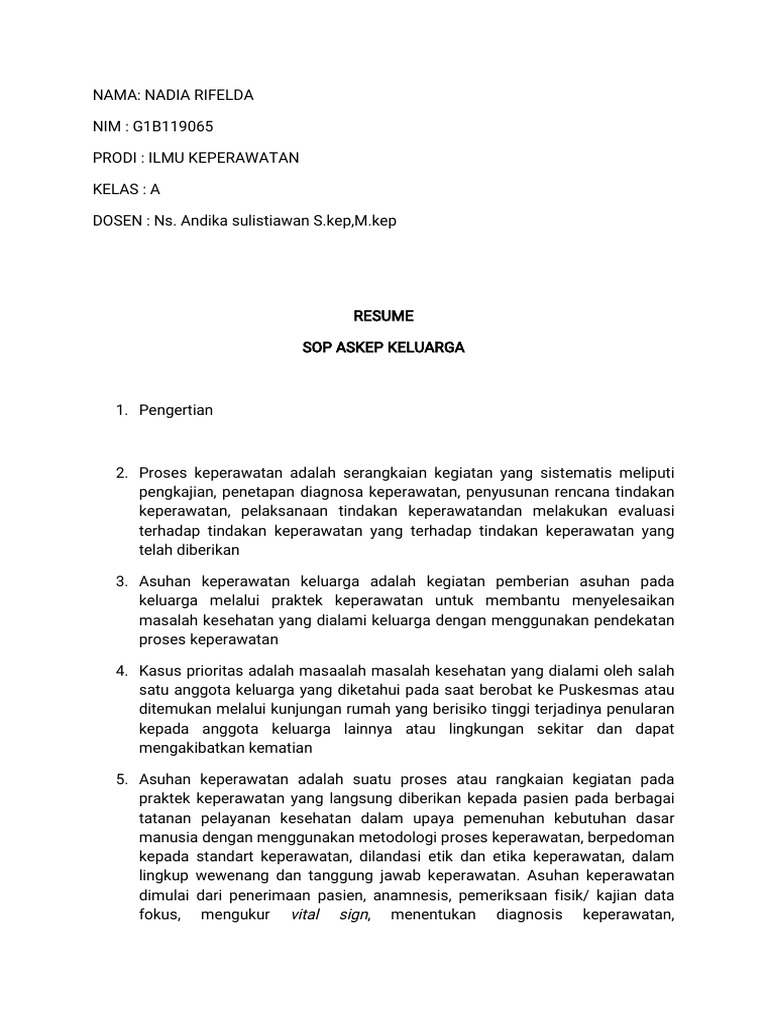Nadia Rifelda (g1b119065) Resume Sop Askep Keluarga-1 | PDF
