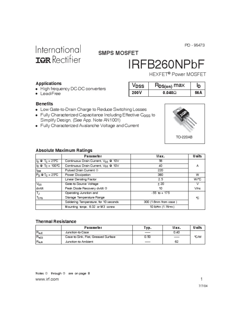 Infineon IRFB260N DataSheet v01 - 01 EN | PDF | Field Effect Transistor | Manufactured Goods