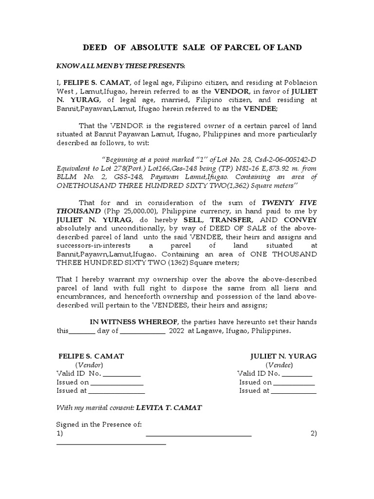 Deed of Absolute Sale of Parcel of Land-Juliet N.yurag | PDF