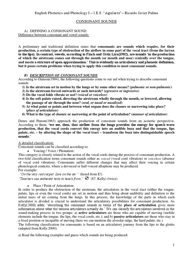 Consonant Sounds - Theory and Key To Exercises | PDF