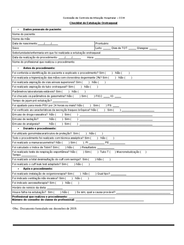 Checklist completo para extubação orotraqueal com detalhamento dos ...