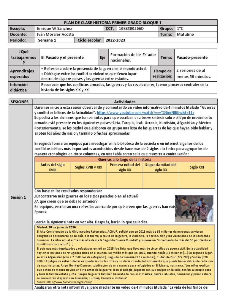 Semana 1 Plan de Clase Historia | PDF | Refugiado | Violencia