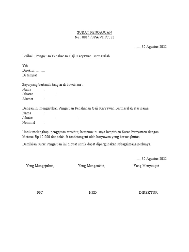 Contoh Surat Pengajuan Penahanan Gaji | PDF