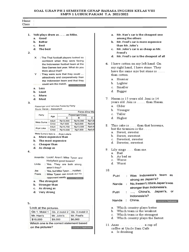 SOAL UJIAN PH 2 SEMESTER GENAP BAHASA INGGRIS KELAS VIII SMPN 1 LUBUK PAKAM T.A 2021/2022 | PDF ...