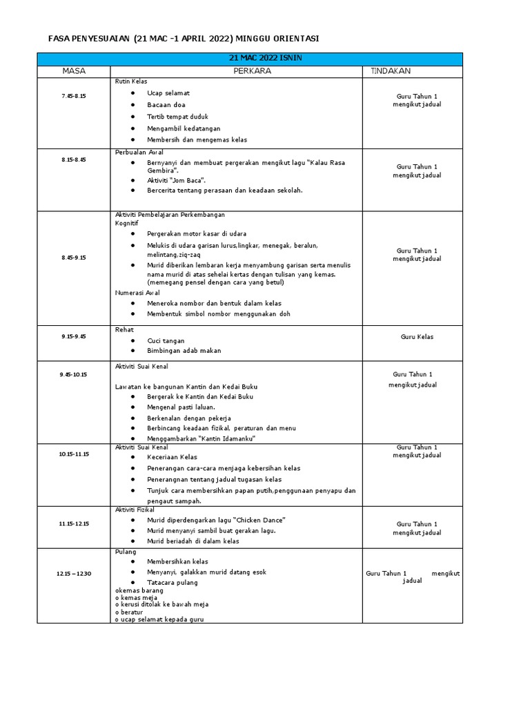 Jadual Transisi Minggu 1 | PDF