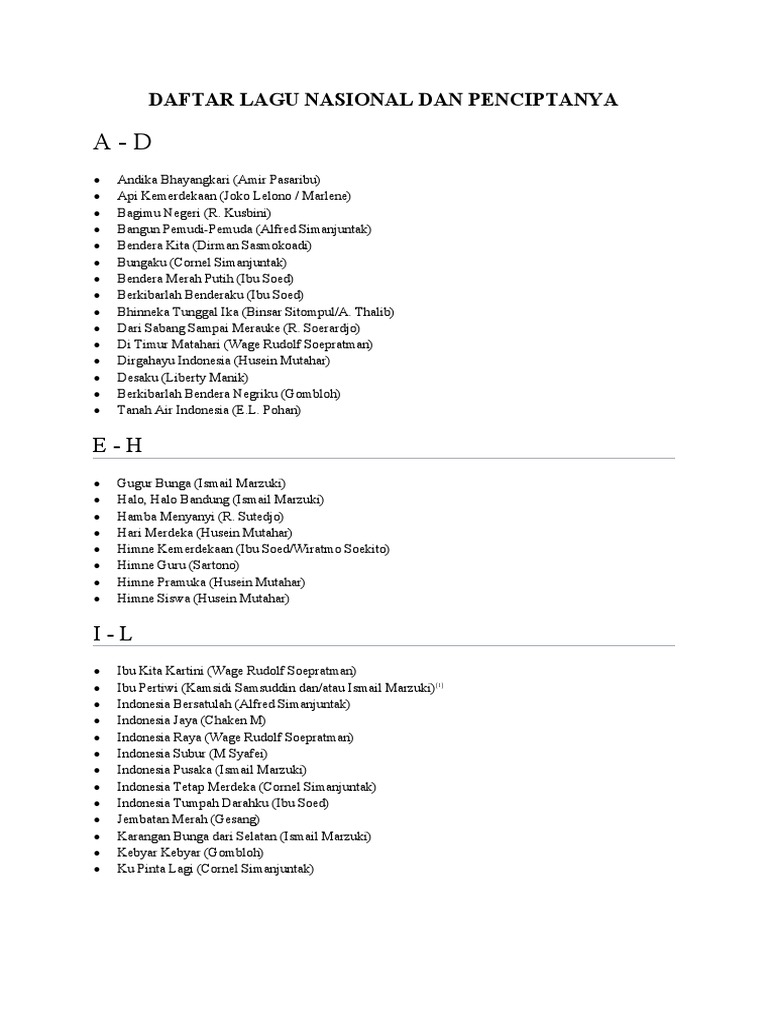 Daftar Lagu Nasional Dan Penciptanya | PDF