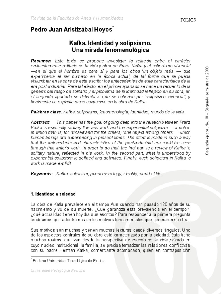 Kafka: Soledad y Solipsismo Fenomenológico | PDF | Franz Kafka | Ontología