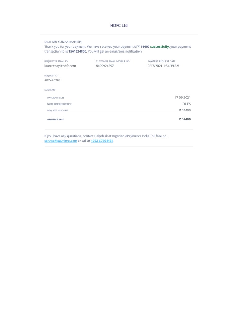 HDFC Loan Payment Confirmation | PDF | Finance & Money Management