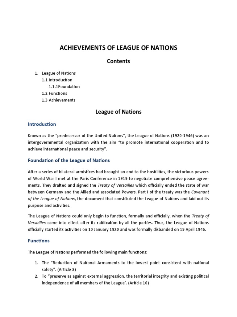 Achievements of the League of Nations | PDF | League Of Nations ...