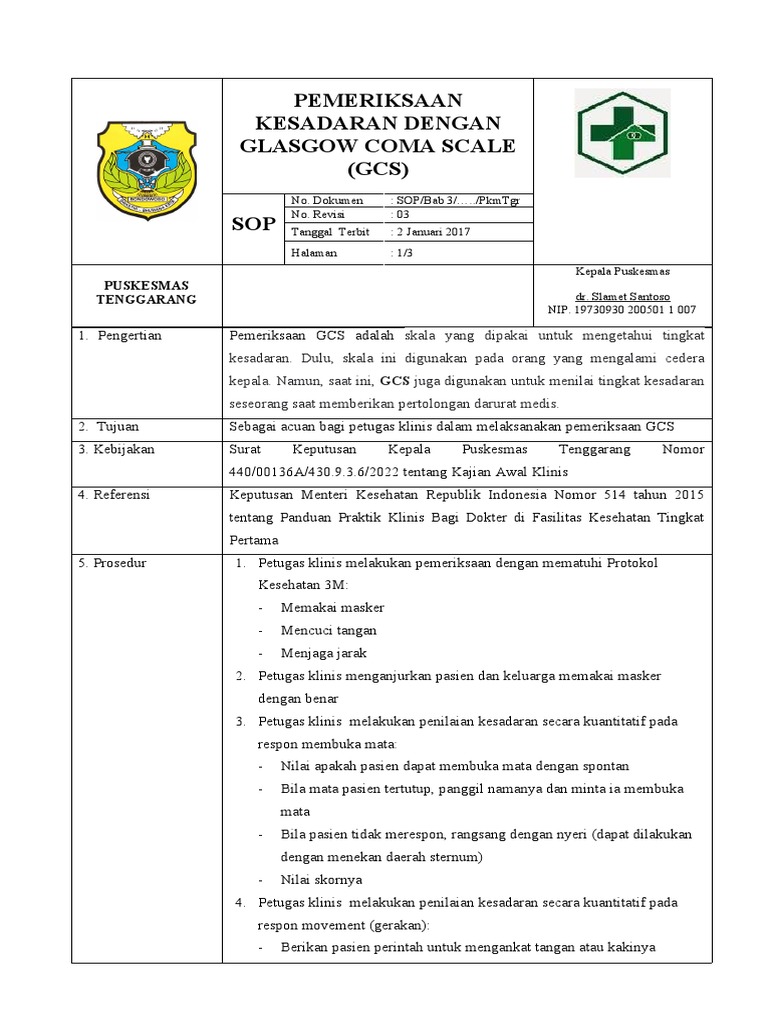 Sop Pemeriksaan Kesadaran Dengan Gcs | PDF
