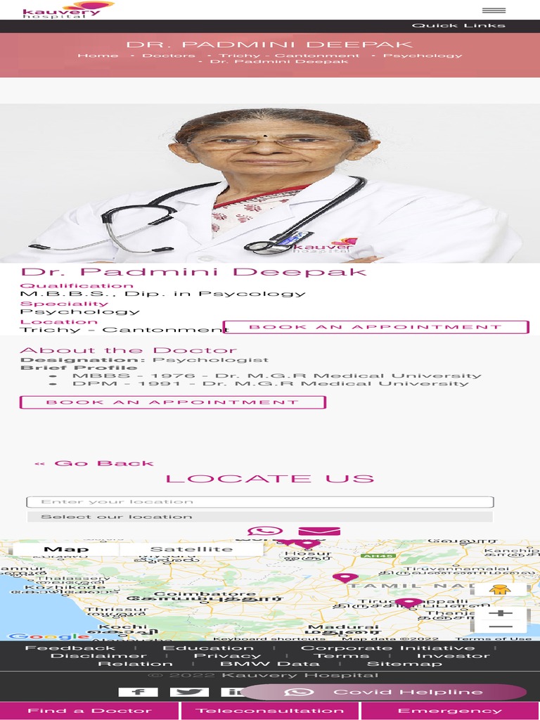 Dr. Padmini Deepak Psychologists Kauvery Hospital Trichy - Cantonment | PDF