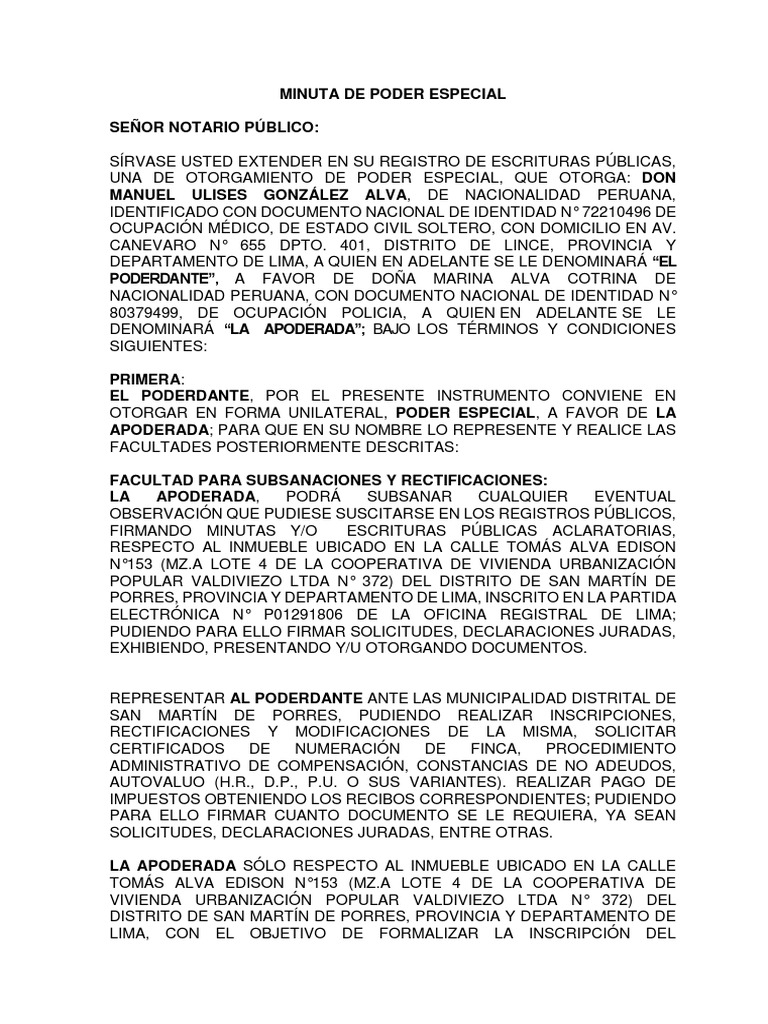 MINUTA DE PODER ESPECIAL Sr. Ulises González - Sra. Marina Alva | PDF | Derecho Civil (Common ...