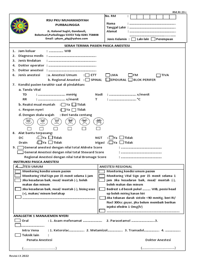 Serah Terima Pasien Pasca Anestesi Fix | PDF