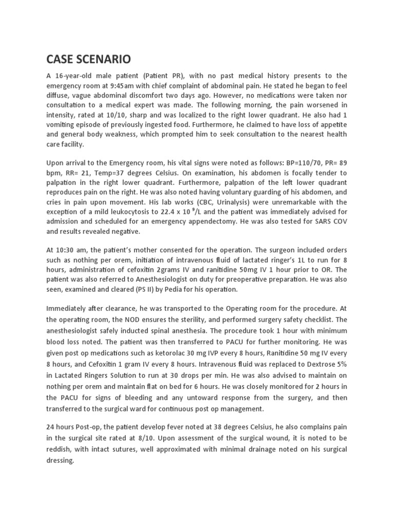 CASE SCENARIO Appendectomy | PDF | Surgery | Medical Specialties