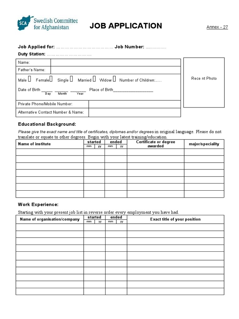 Job Application Form | PDF | Computing