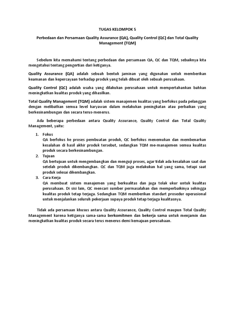 Perbedaan QA, QC, dan TQM | PDF | Karier & Perkembangan | Pengembangan Diri