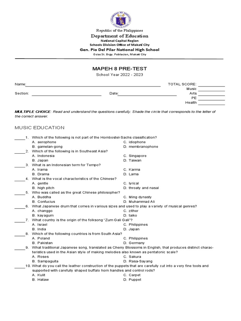 Mapeh 8 Pre Test Sy2022 2023 | PDF | Hiv/Aids | Physical Fitness