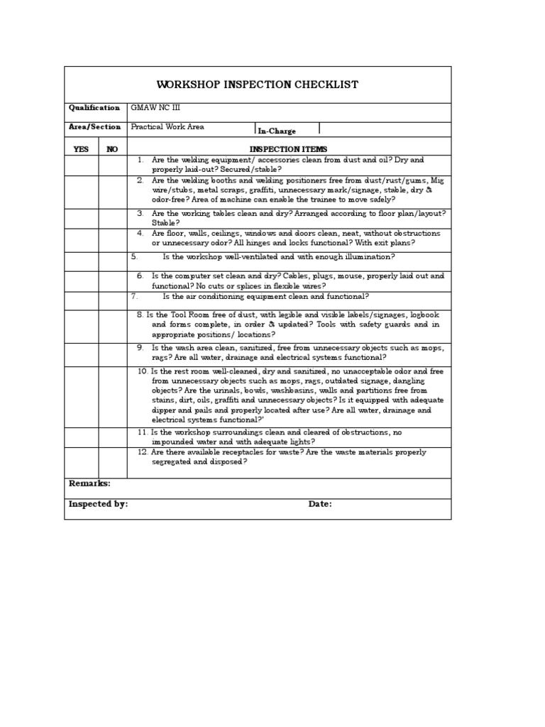 Workshop Inspection Checklist | PDF | Manufactured Goods | Building Engineering
