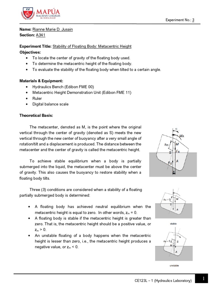 Metacentric Height and Stability Analysis | PDF | Buoyancy | Center Of Mass