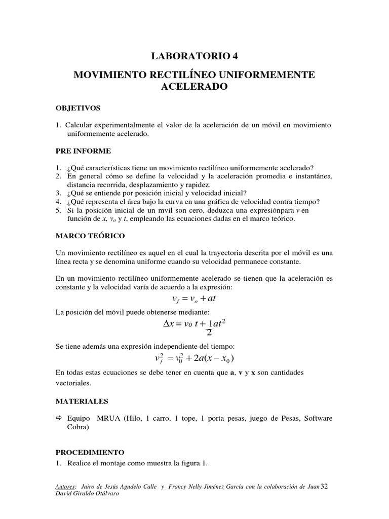 Movimiento Rectilineo Uniformemente Acelerado | PDF | Velocidad | Aceleración