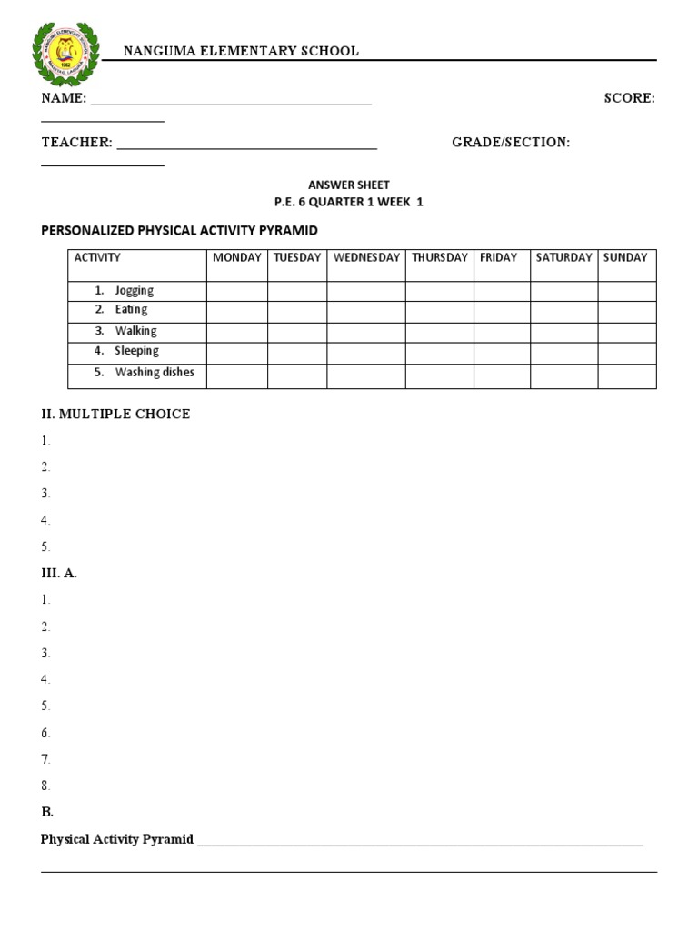 Answer-Sheet Pe 6 WK1 | PDF | Career & Growth