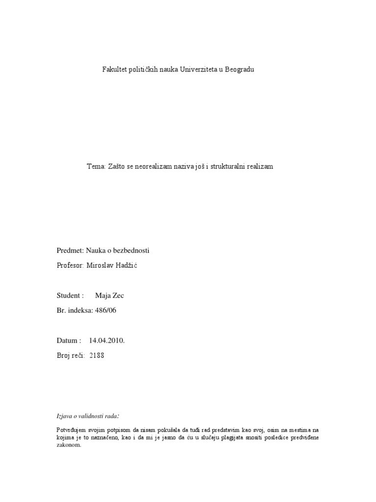 Zasto Se Neorealizam Naziva Jos I Strukturalni Realizam | PDF