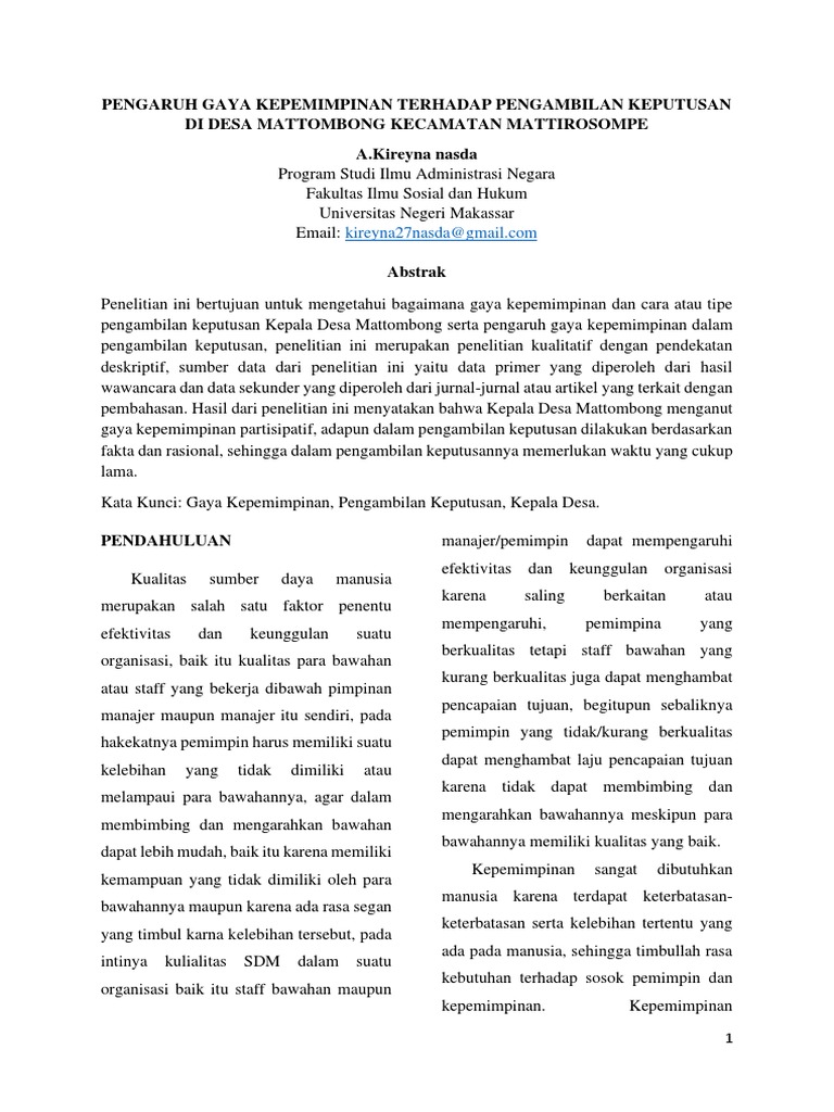 Pengaruh Gaya Kepemimpinan Terhadap Pengambilan Keputusan | PDF