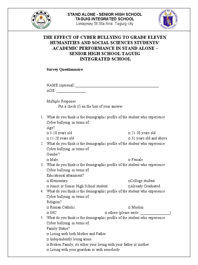 Survey Questionnaire | PDF | Bullying | Cyberbullying