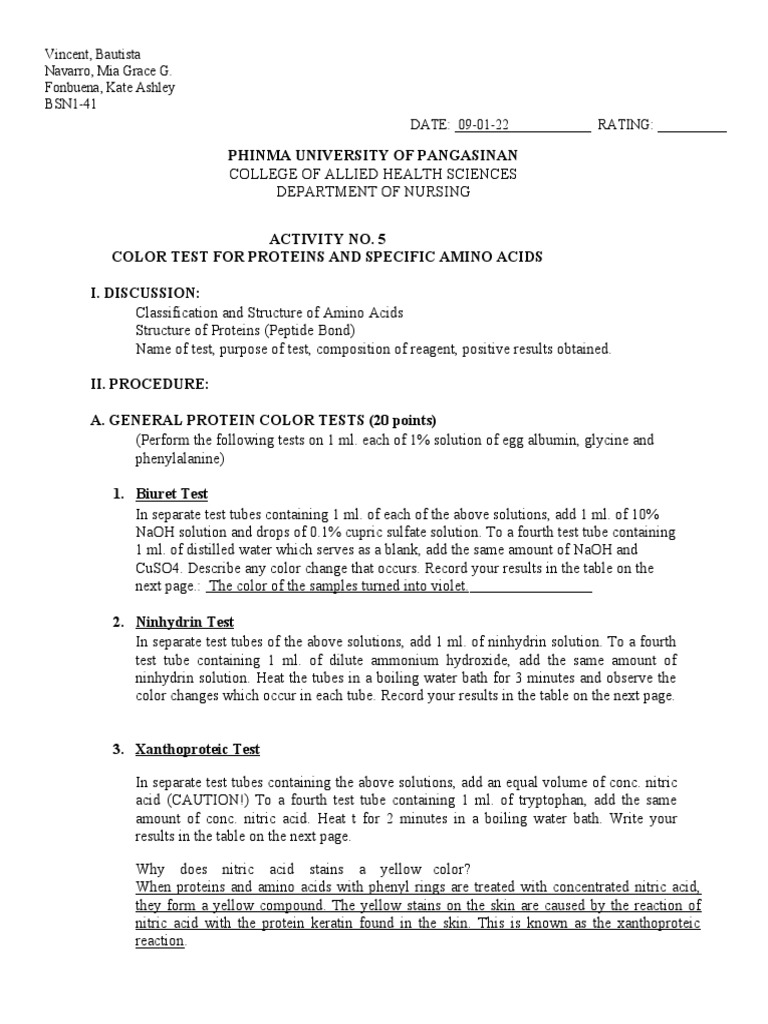 Lab Activity 5 Color Test For Proteins and Specific Amino Acids | PDF ...