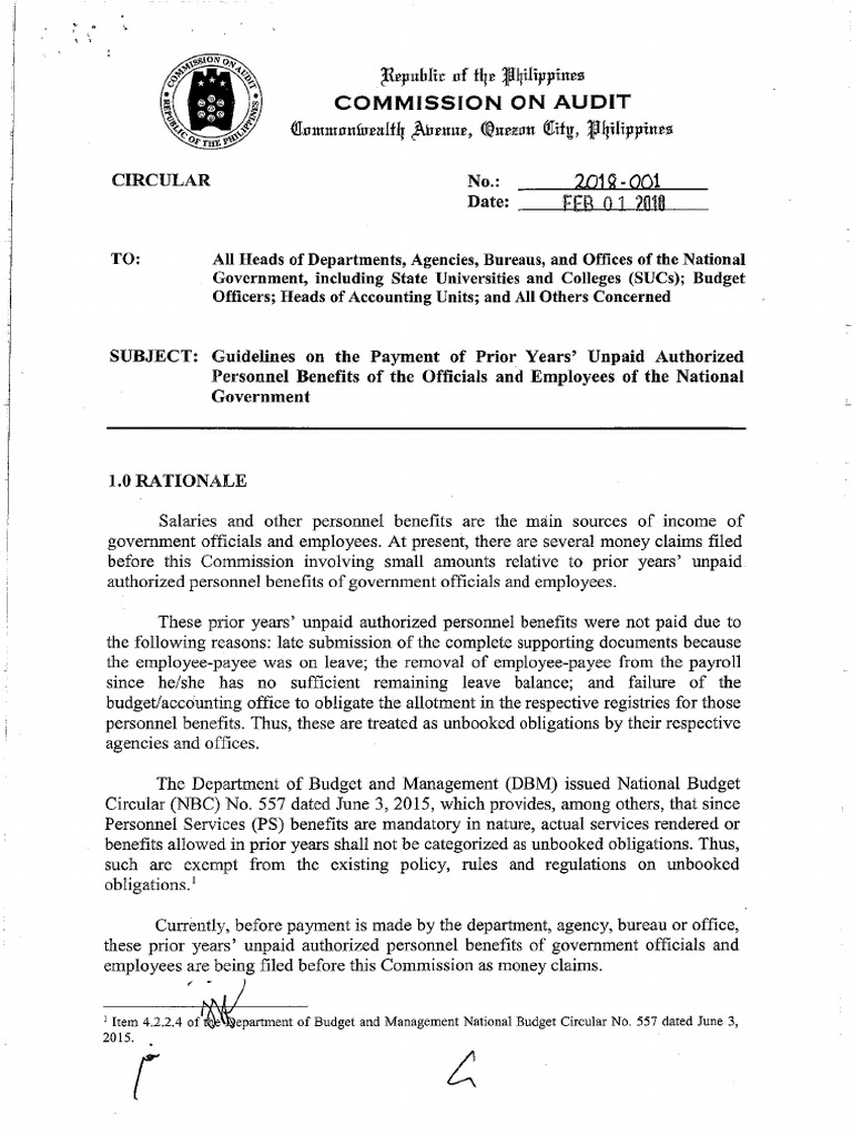 COA Circular 2018-001 - Guidelines On Payment of Prior Years Unpaid ...