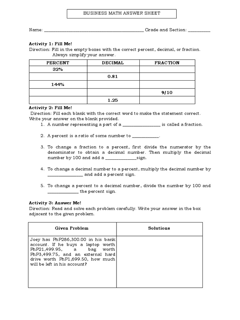 Business Math Problem Sets | PDF | Percentage | Numbers