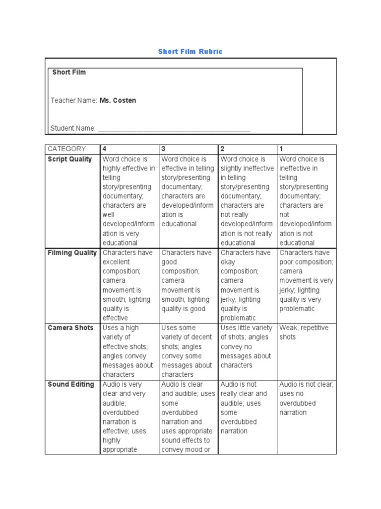 Ms. Costen's Short Film Rubric | PDF